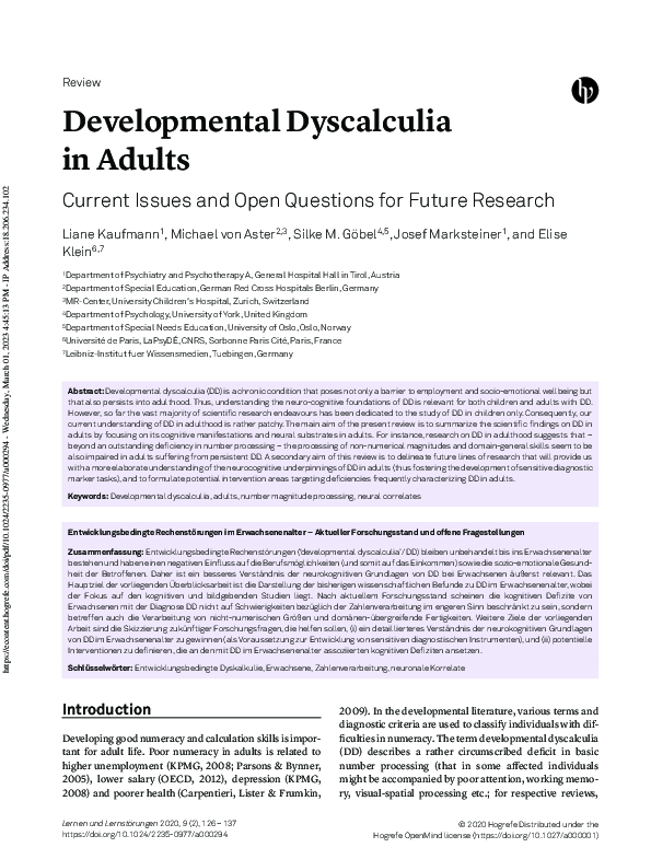 (PDF) Developmental Dyscalculia in Adults