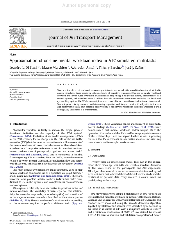 Pdf Approximation Of On Line Mental Workload Index In Atc Simulated