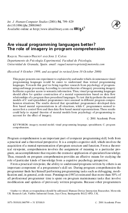 Pdf Are Visual Programming Languages Better The Role Of Imagery In Program Comprehension