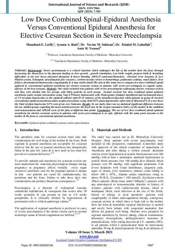(PDF) Low Dose Combined Spinal-Epidural Anesthesia Versus Conventional ...