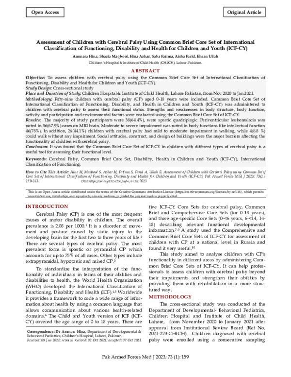(PDF) Assessment of Children with Cerebral Palsy Using Common Brief ...