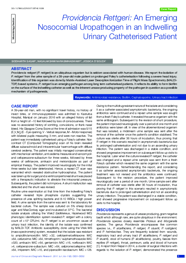 (PDF) Providencia Rettgeri: An Emerging Nosocomial Uropathogen in an ...