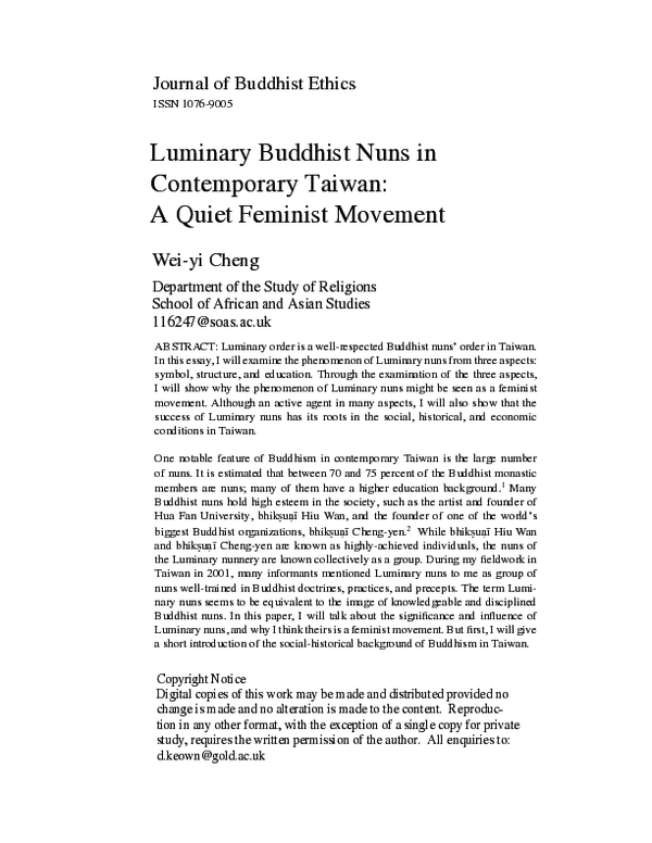 (PDF) Luminary Buddhist Nuns in Contemporary Taiwan : A Quiet Feminist Movement