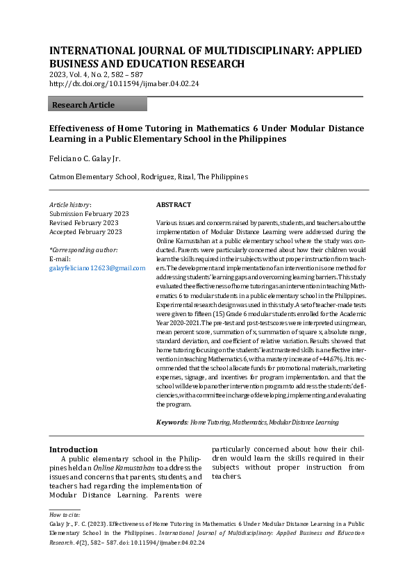 (PDF) Effectiveness of Home Tutoring in Mathematics 6 Under Modular ...