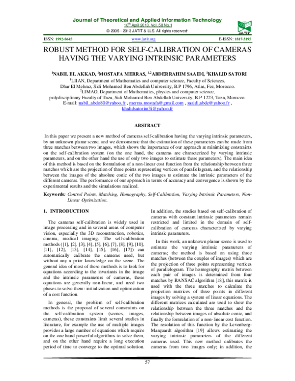 Pdf Self Calibration Based On A Circle Of The Cameras Having The Varying Intrinsic Parameters