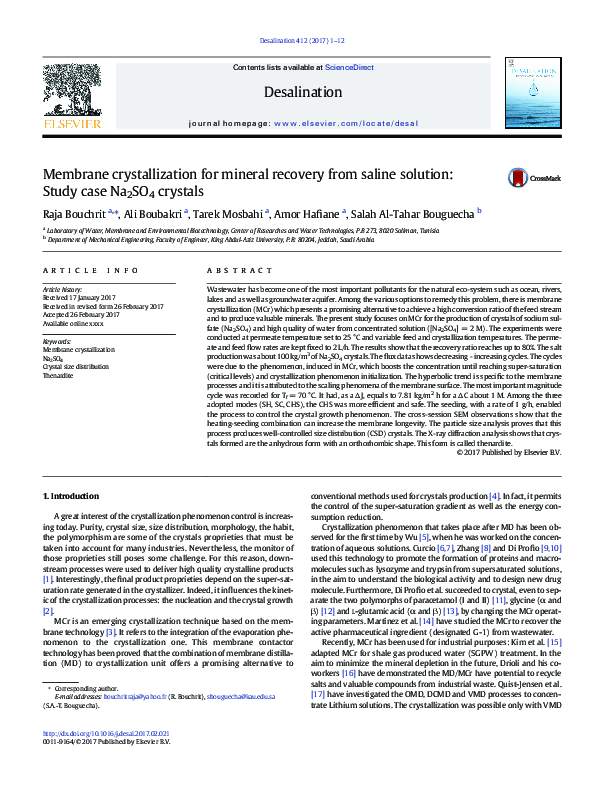 (PDF) Membrane crystallization for mineral recovery from saline ...