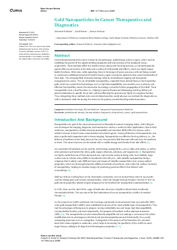(PDF) Gold Nanoparticles in Cancer Therapeutics and Diagnostics