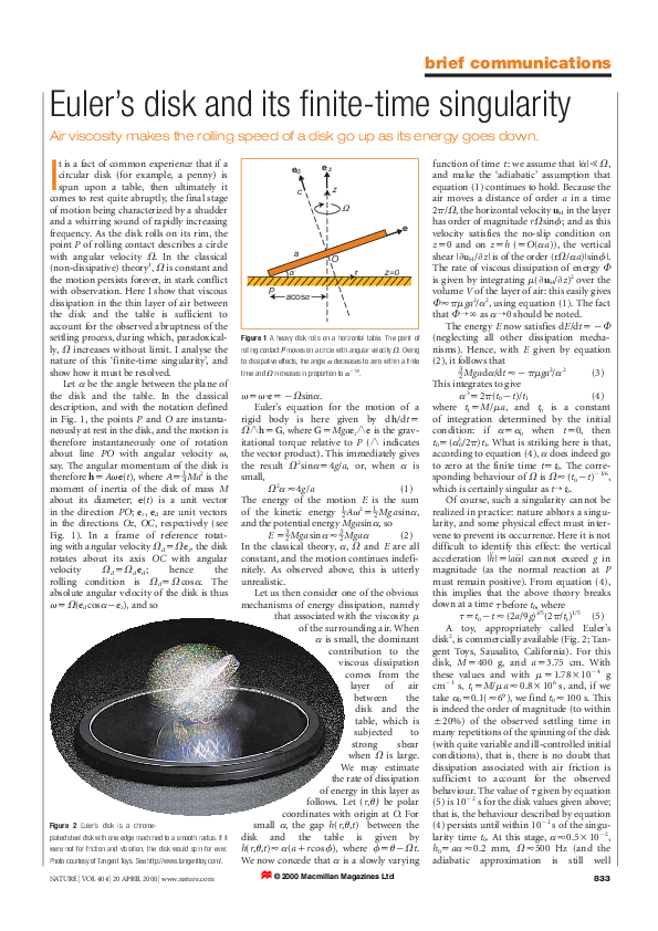 (PDF) Euler's disk and its finite-time singularity