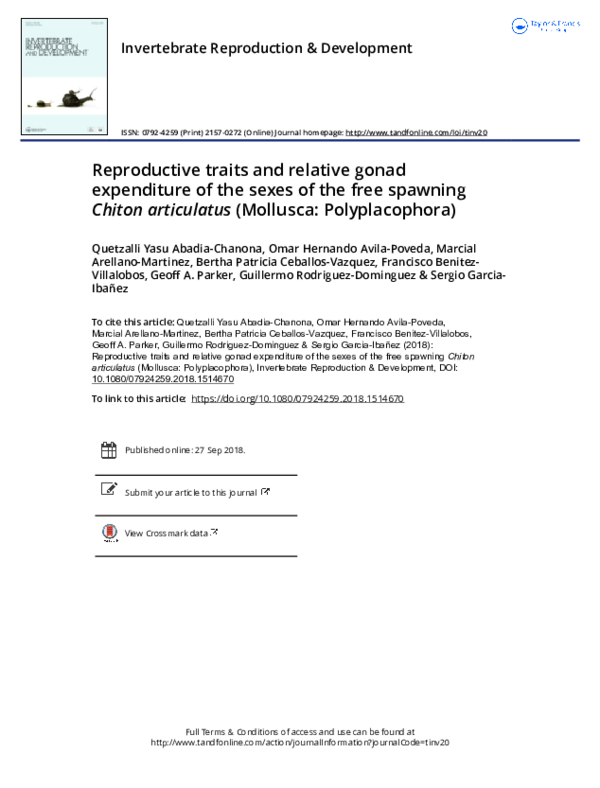 (PDF) Reproductive traits and relative gonad expenditure of the sexes of the free spawningChiton ...