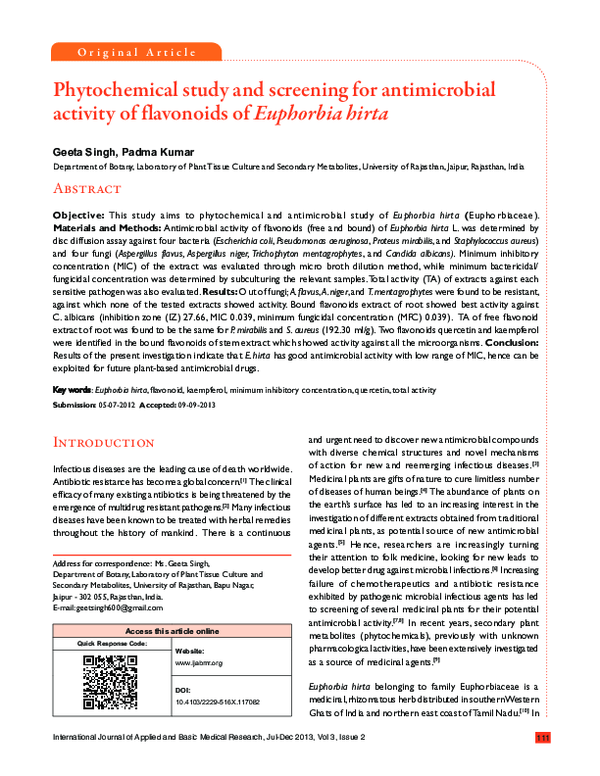 (PDF) Phytochemical study and screening for antimicrobial activity of flavonoids of Euphorbia hirta