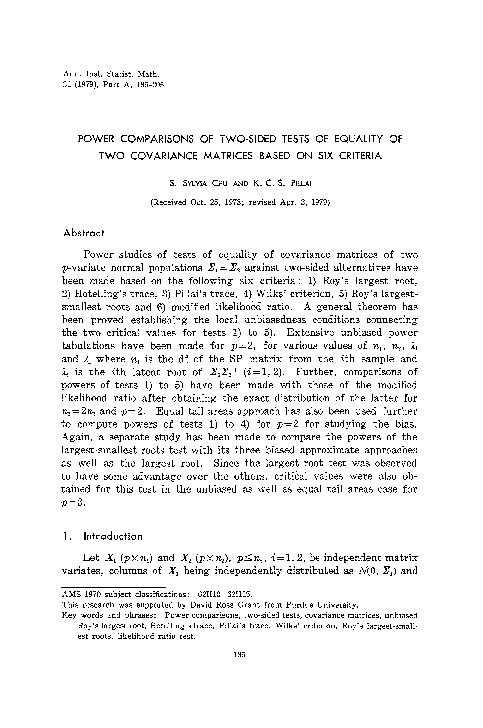 Pdf Power Comparisons Of Two Sided Tests Of Equality Of Two Covariance Matrices Based On Six