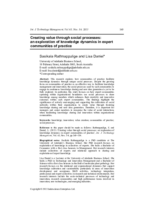 (PDF) Creating value through social processes: an exploration of knowledge dynamics in expert ...