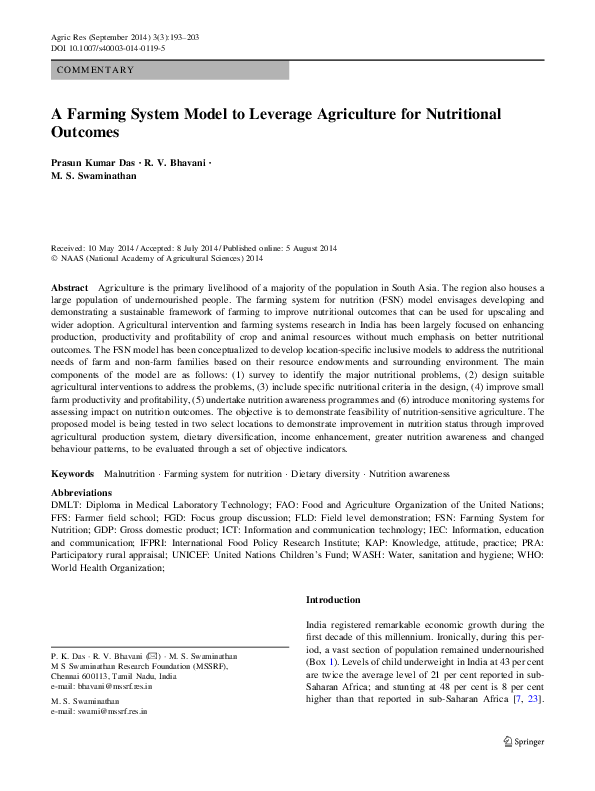 (PDF) A Farming System Model to Leverage Agriculture for Nutritional ...