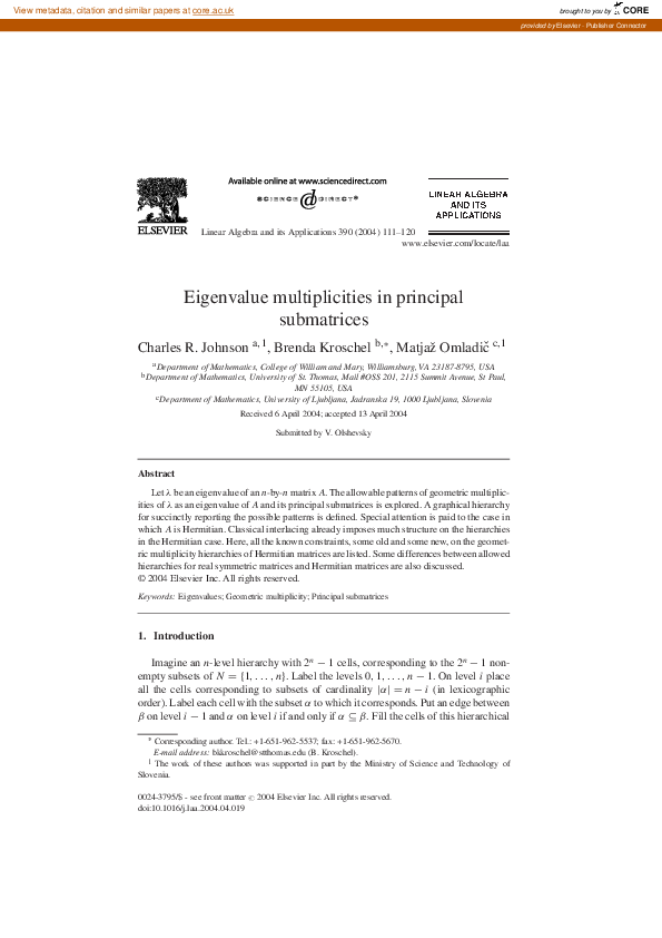 (PDF) Eigenvalue multiplicities in principal submatrices