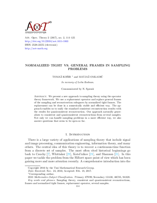 (PDF) Normalized tight vs. general frames in sampling problems | Matjaž Omladič - Academia.edu