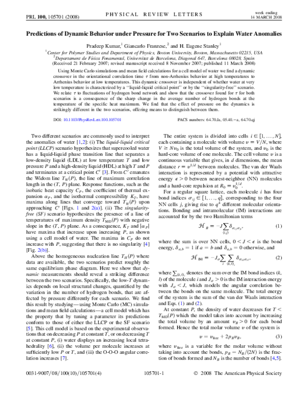 (PDF) Predictions of Dynamic Behavior under Pressure for Two Scenarios to Explain Water ...