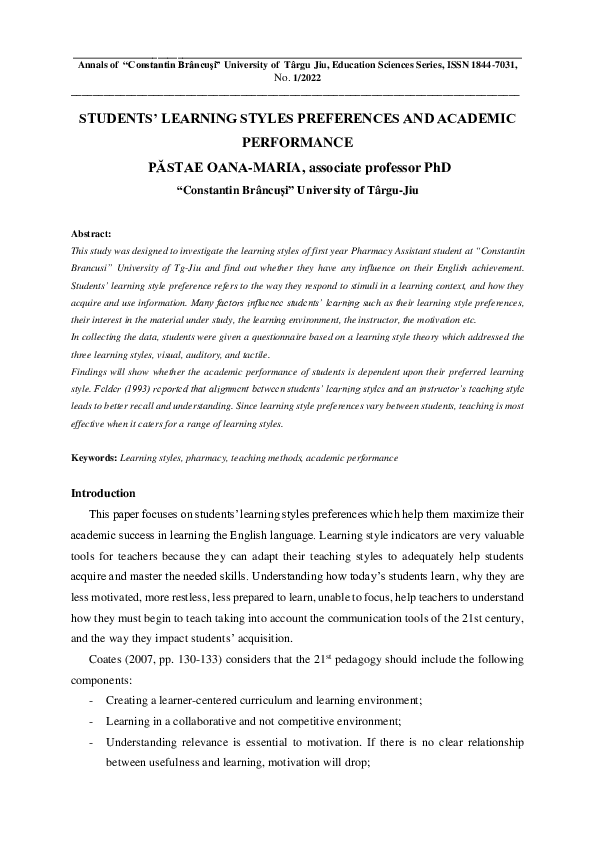 (PDF) STUDENTS' LEARNING STYLES PREFERENCES AND ACADEMIC PERFORMANCE PĂSTAE OANA-MARIA ...