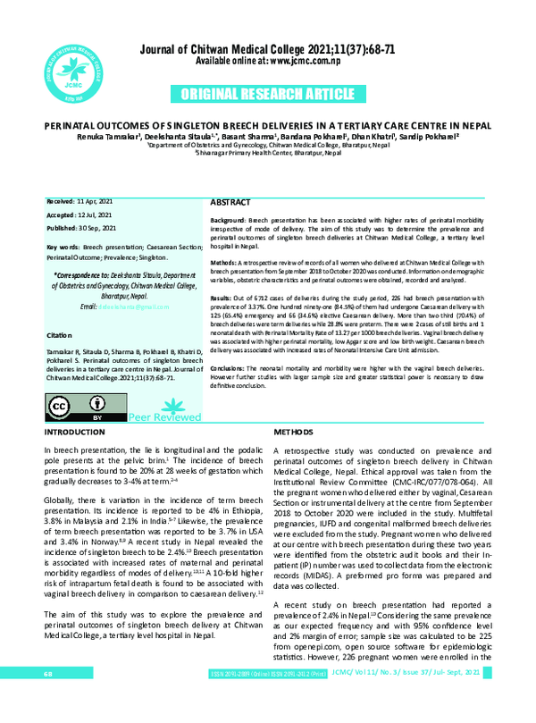 (PDF) Perinatal Outcomes of Singleton Breech Deliveries in a Tertiary ...