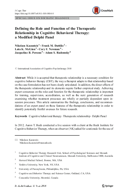 (PDF) Defining the Role and Function of the Therapeutic Relationship in Cognitive Behavioral ...