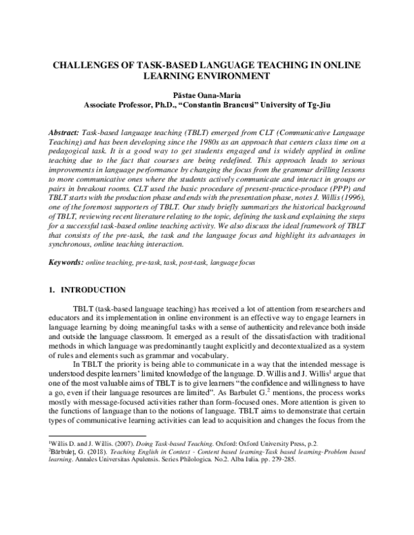 (PDF) CHALLENGES OF TASK-BASED LANGUAGE TEACHING IN ONLINE LEARNING ENVIRONMENT