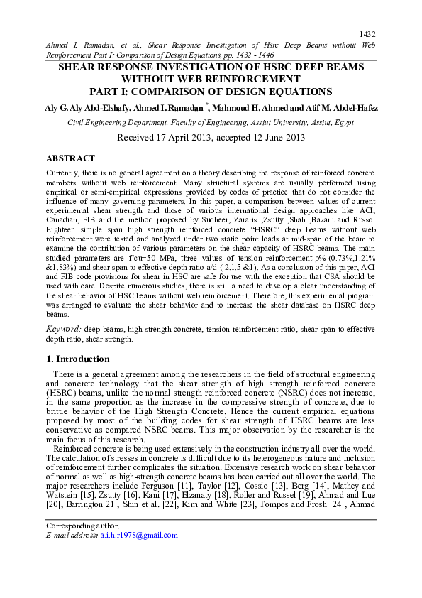 (PDF) Shear Response Investigation of HSRC Deep Beams Without Web Reinforcement Part I ...