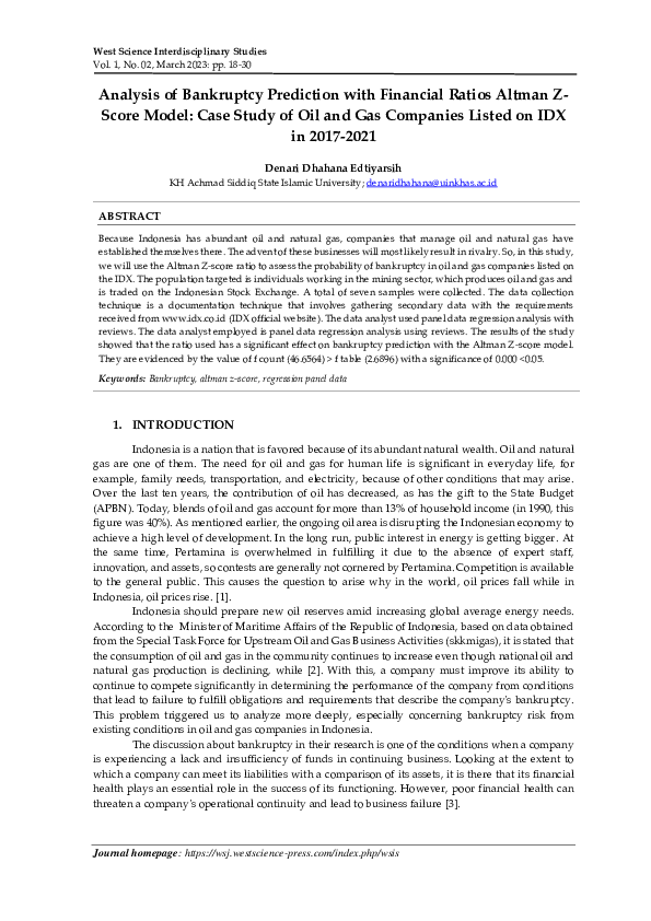 (PDF) Analysis of Bankruptcy Prediction with Financial Ratios Altman Z ...