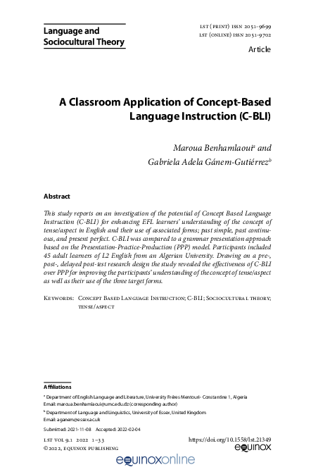 (PDF) A Classroom Application of Concept-Based Language Instruction (C-BLI)