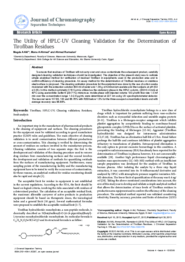 (PDF) The Utility of HPLC-UV Cleaning Validation for the Determination of Tirofiban Residues