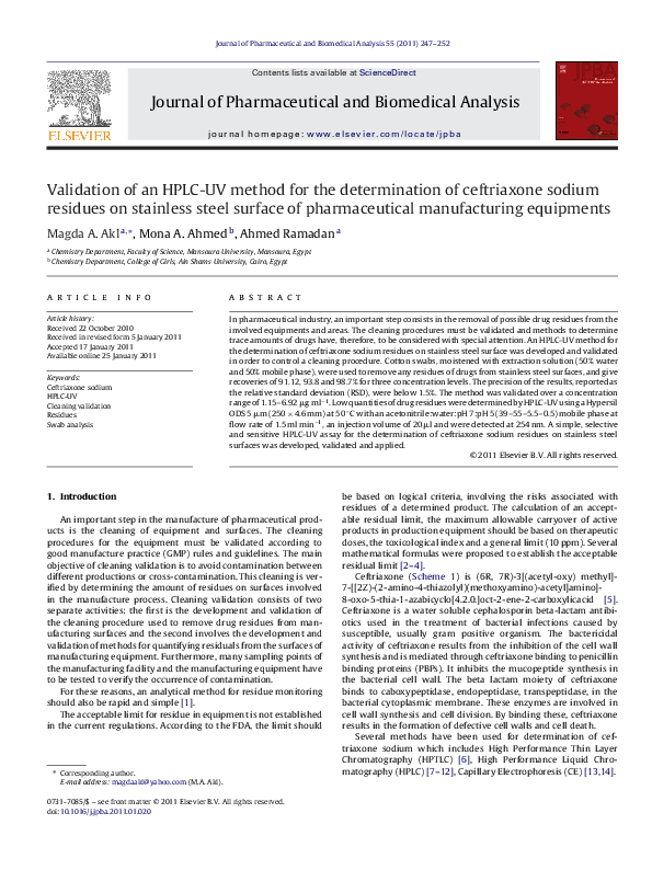 (PDF) Validation of an HPLC-UV method for the determination of ceftriaxone sodium residues on ...