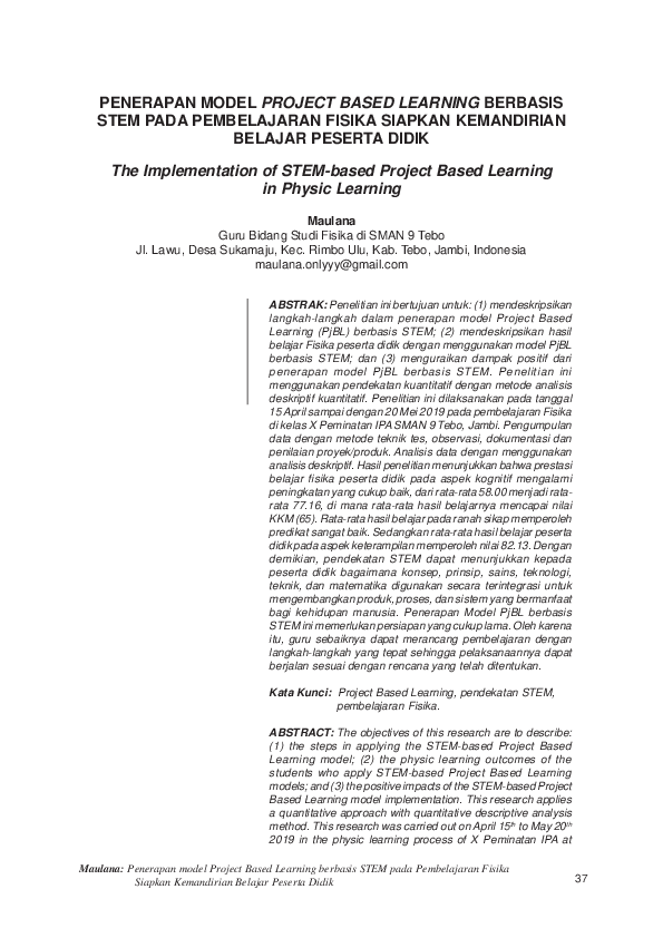 (PDF) Penerapan Model Project Based Learning Berbasis Stem Pada Pembelajaran Fisika Siapkan ...