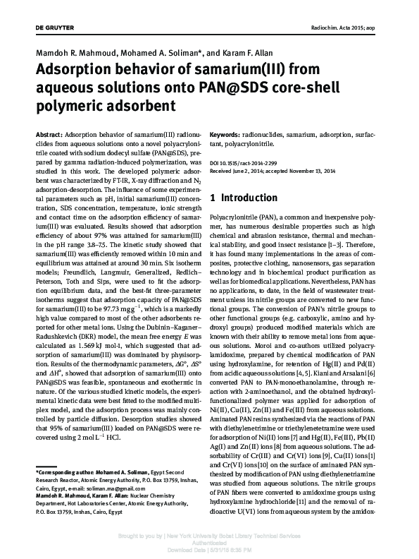 (PDF) Adsorption behavior of samarium(III) from aqueous solutions onto PAN@SDS core-shell ...