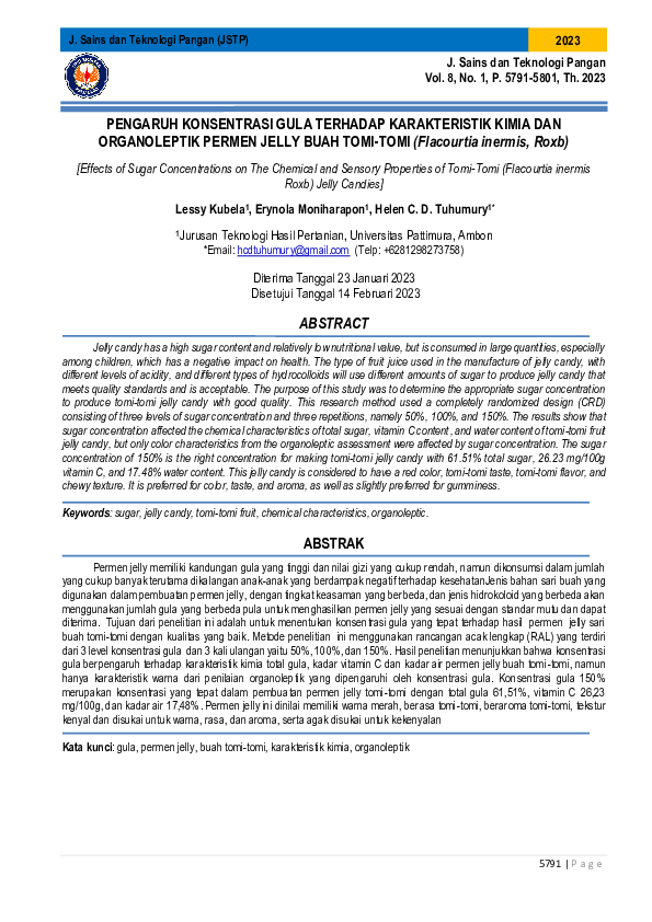 (PDF) PENGARUH KONSENTRASI GULA TERHADAP KARAKTERISTIK KIMIA DAN ORGANOLEPTIK PERMEN JELLY BUAH ...