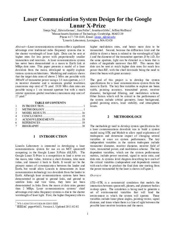 (PDF) Laser communication system design for the Google Lunar X-Prize