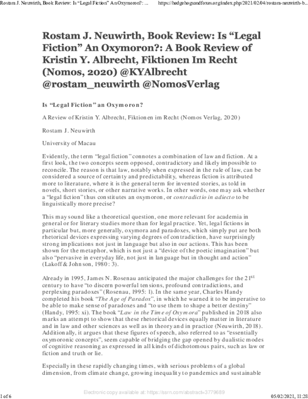 (PDF) Is 'Legal Fiction' An Oxymoron?: A Book Review of Kristin Y ...