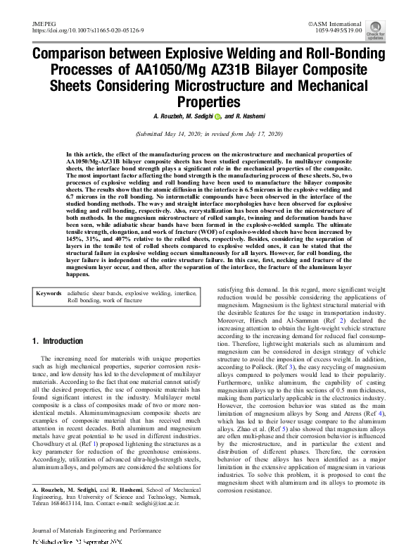 (PDF) Comparison between Explosive Welding and Roll-Bonding Processes of AA1050/Mg AZ31B Bilayer ...