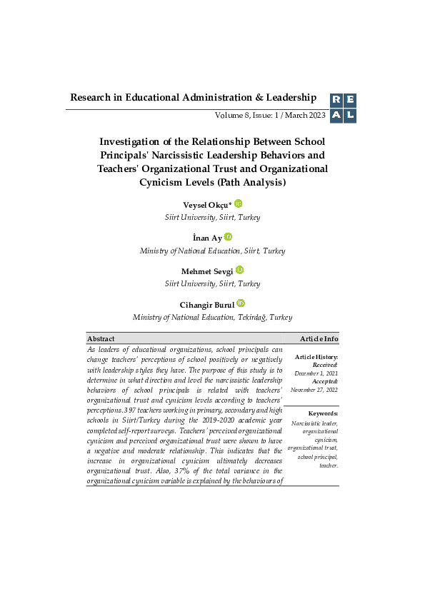 (PDF) Investigation of the Relationship Between School Principals' Narcissistic Leadership ...