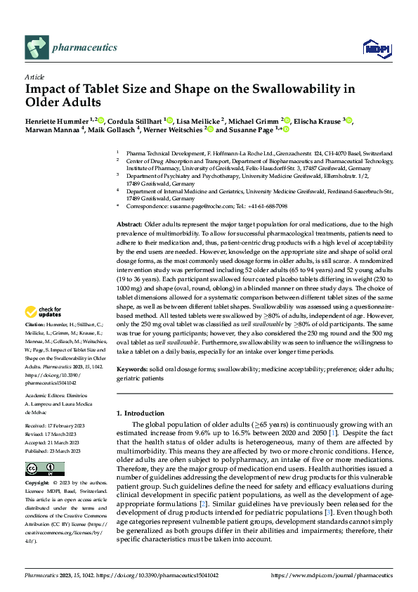 (PDF) Impact of Tablet Size and Shape on the Swallowability in Older Adults