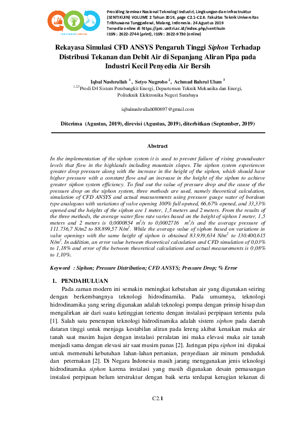(PDF) Rekayasa Simulasi CFD ANSYS Pengaruh Tinggi Siphon Terhadap Distribusi Tekanan dan Debit ...