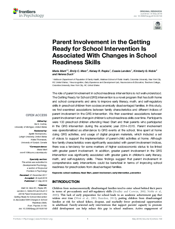 (PDF) Parent Involvement in the Getting Ready for School Intervention ...