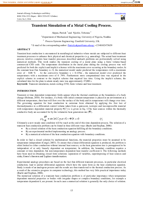 (PDF) Transient Simulation of a Metal Cooling Process | Patrick Akpan ...