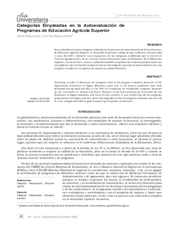 (PDF) Categorías Empleadas en la Autoevaluación de Programas de Educación Agrícola Superior