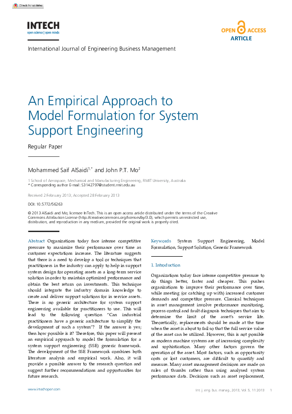 (PDF) An Empirical Approach to Model Formulation for System Support Engineering