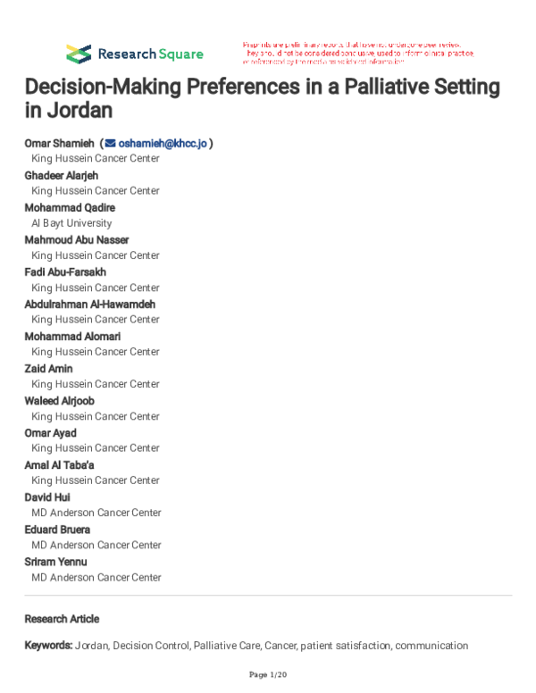 (PDF) Decision-Making Preferences in a Palliative Setting in Jordan