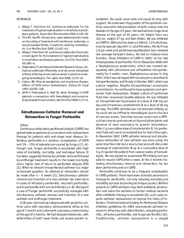 (PDF) Simultaneous Catheter Removal and Reinsertion in Fungal Peritonitis