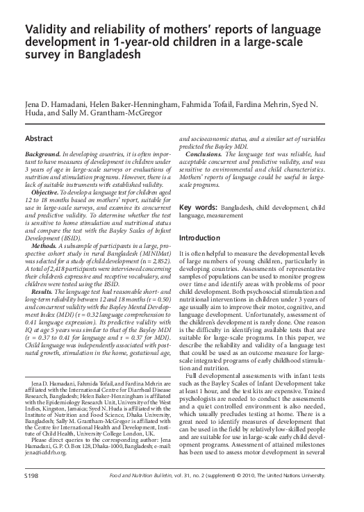 (PDF) Validity and reliability of mothers' reports of language development in 1-year-old ...