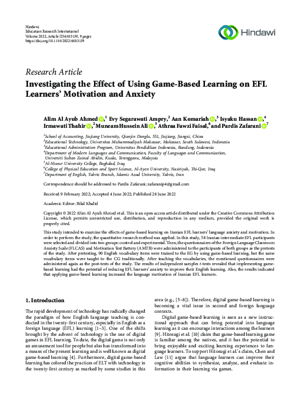(PDF) Investigating the Effect of Using Game-Based Learning on EFL Learners’ Motivation and Anxiety