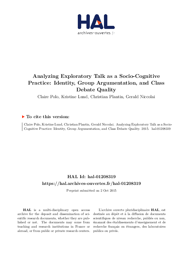 (PDF) Analyzing Exploratory Talk as a Socio-Cognitive Practice: Identity, Group Argumentation ...