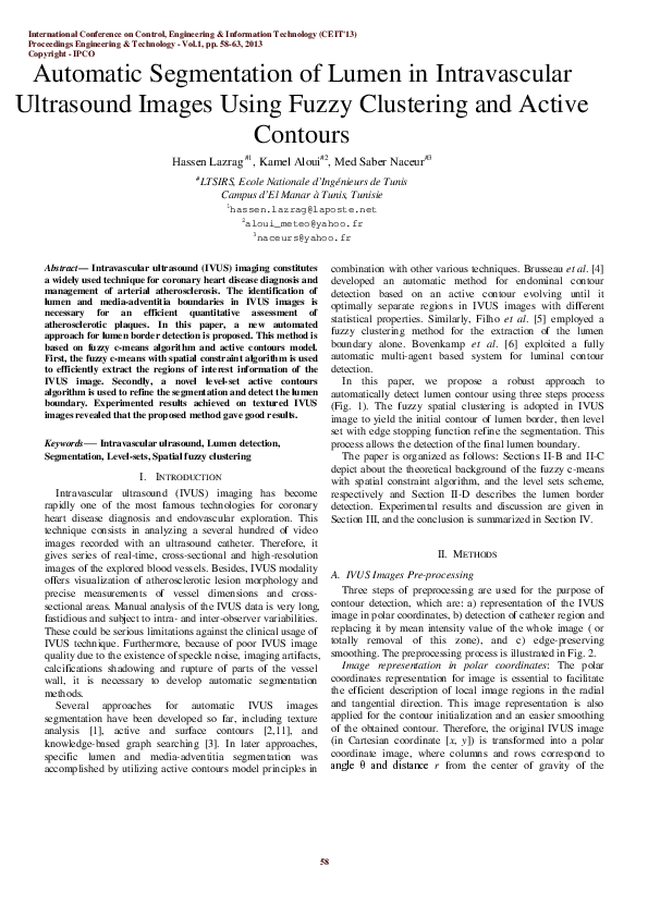 (PDF) Automatic Segmentation of Lumen in Intravascular Ultrasound Images Using Fuzzy Clustering ...