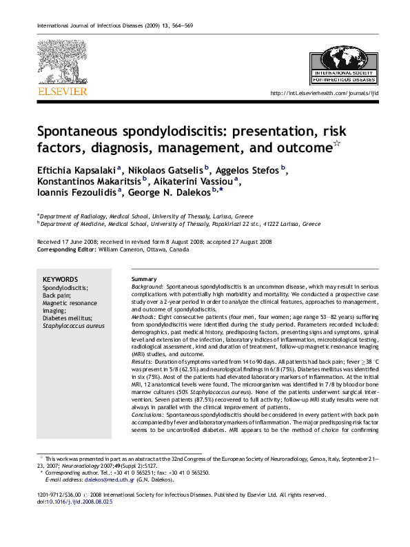 (PDF) Spontaneous spondylodiscitis: presentation, risk factors ...
