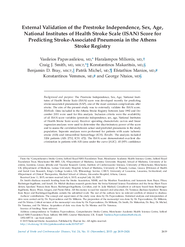 Pdf External Validation Of The Prestroke Independence Sex Age
